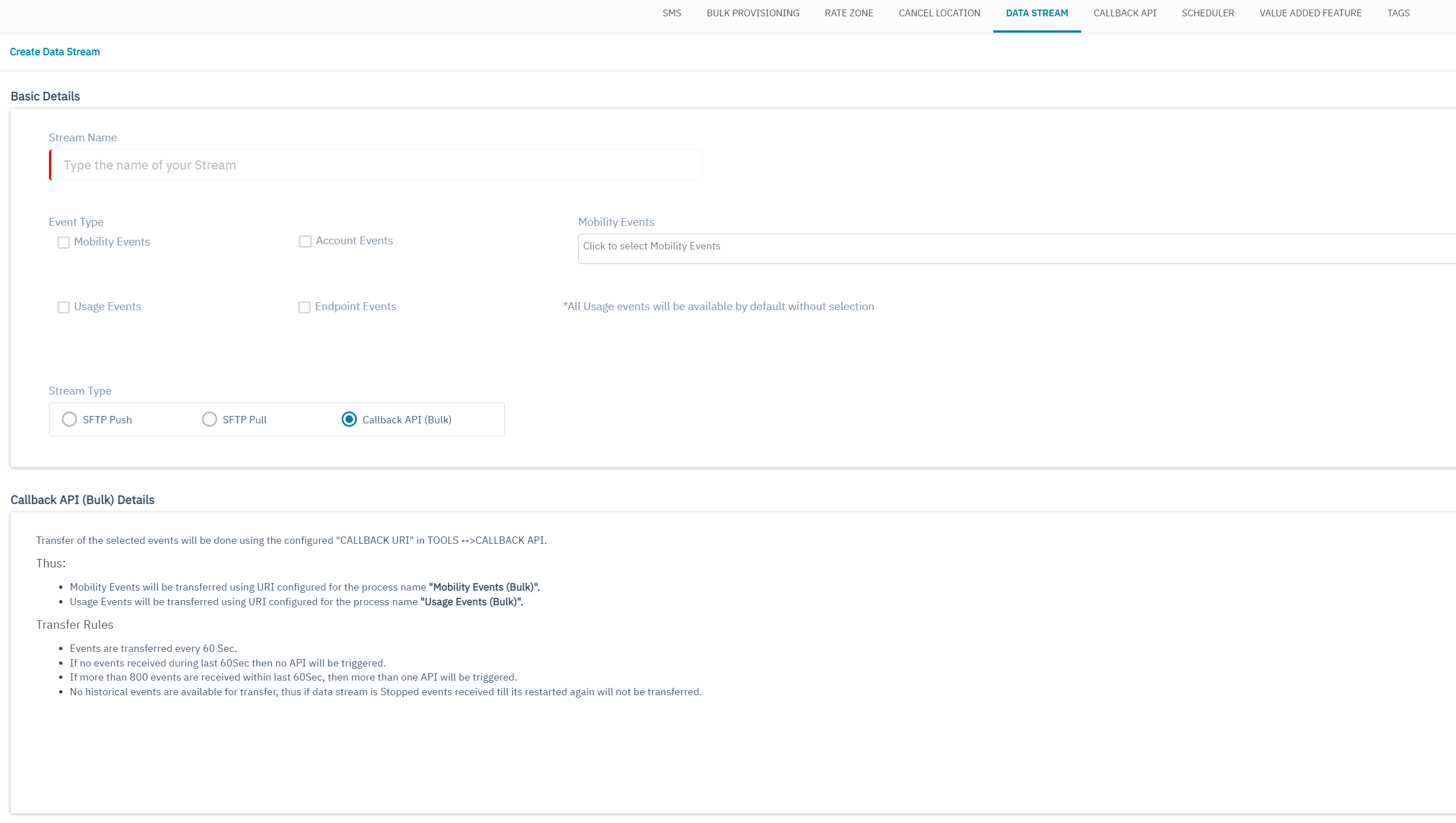 How to setup data streams and callback API's